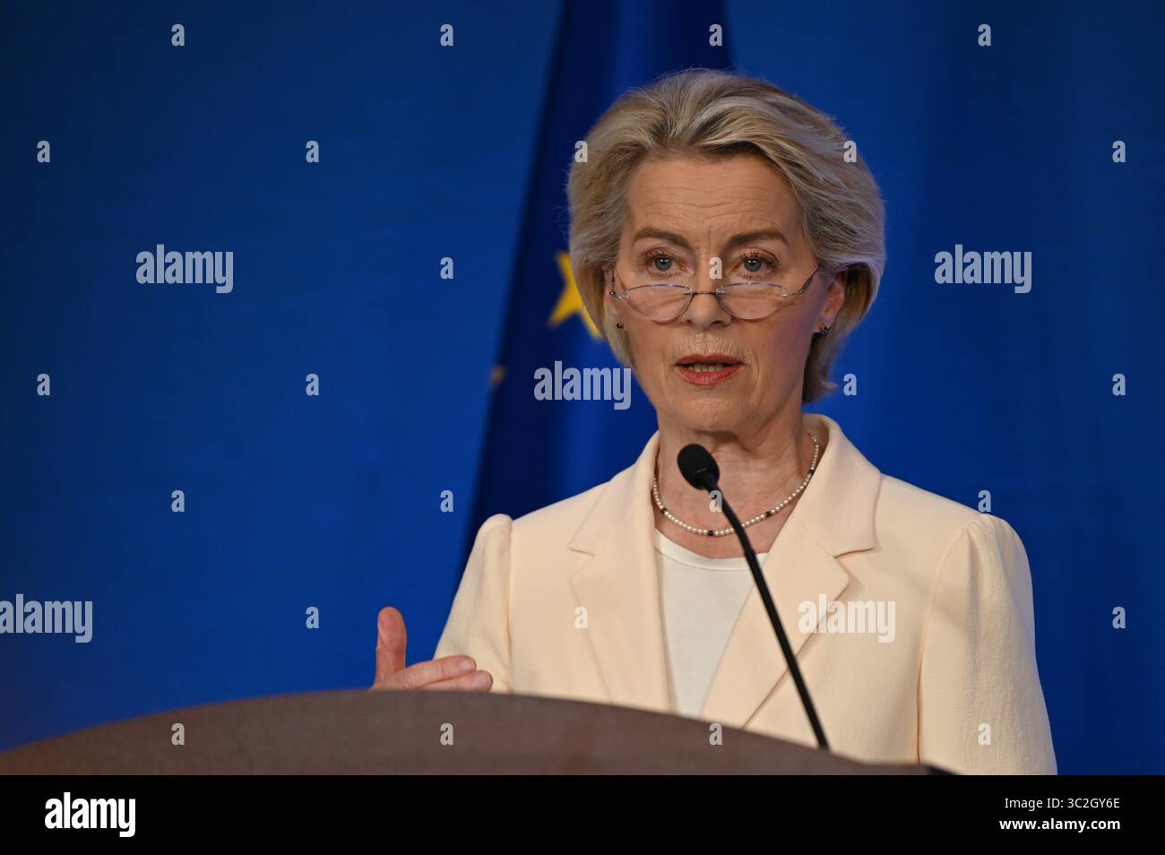 24 July 2025, China, Peking: Ursula von der Leyen, President of the EU Commission, speaks to ...