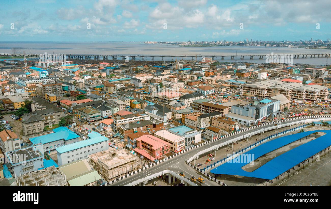 Aerial view of a vibrant city blending residential and commercial ...