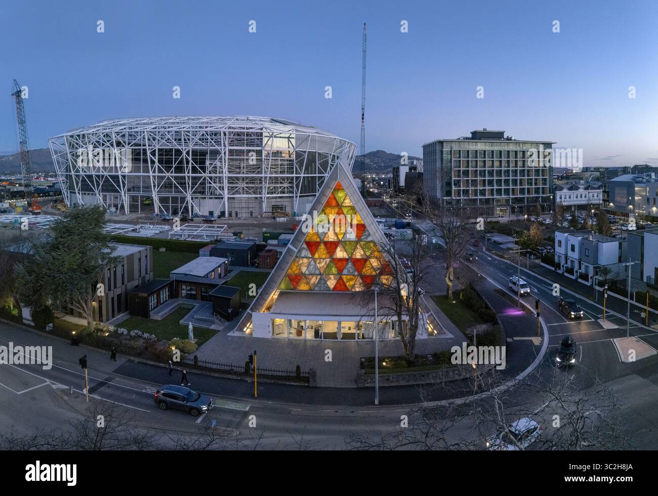 Aerial view of the Cardboard Cathedral's vibrant stained glass glows ...