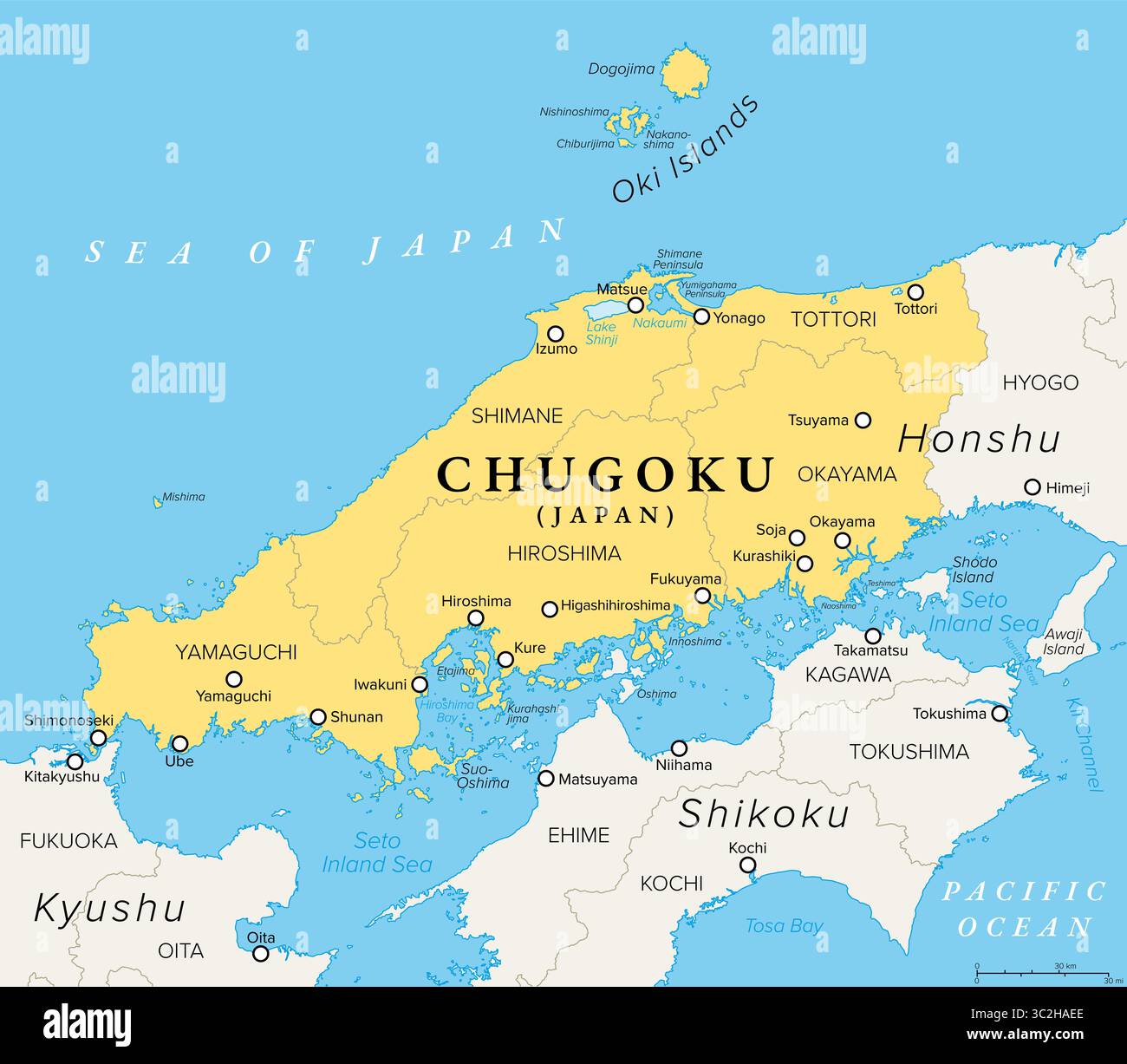 Chugoku region in Japan, political map. Also known as Sanin-Sanyo region, the westernmost region ...