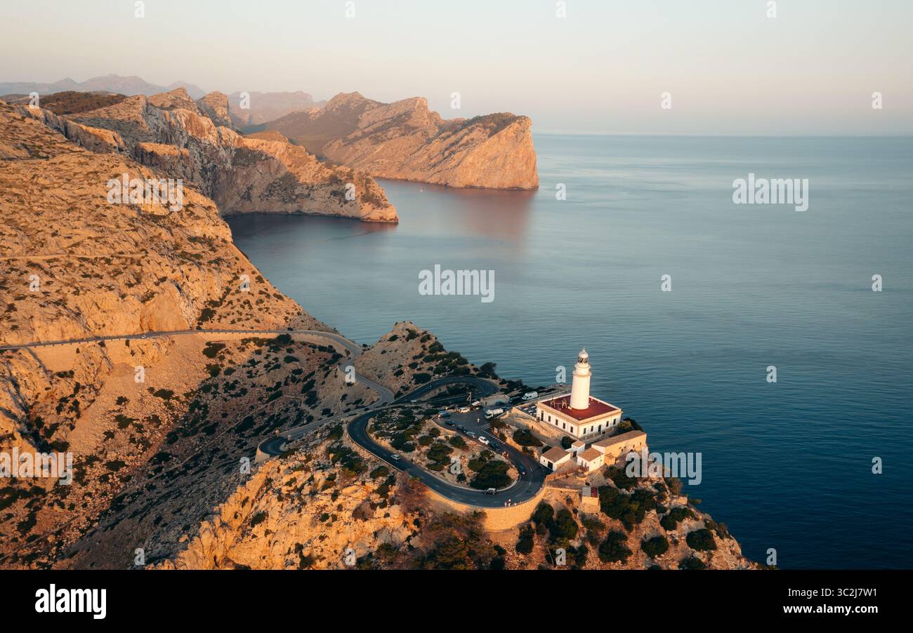 Aerial view of the iconic Cap de Formentor Lighthouse standing guard ...