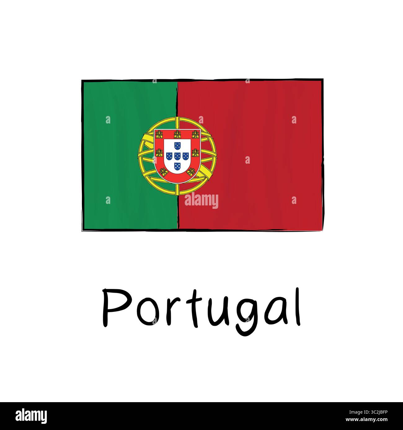 Sketch-style vector of the Portugal flag with clean outline design. Perfect for educational ...