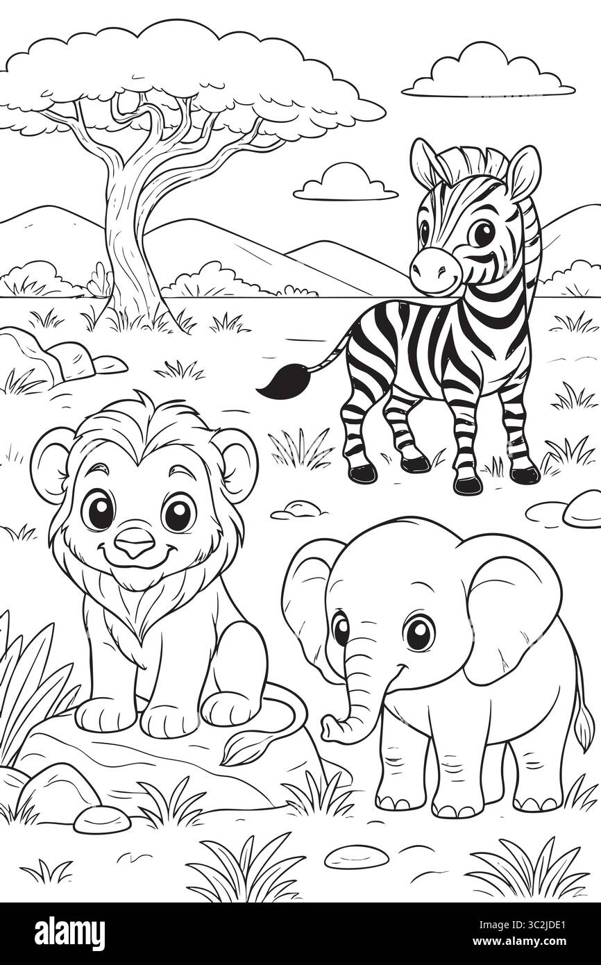 Cute safari animals including zebra lion and elephant in savanna Stock ...