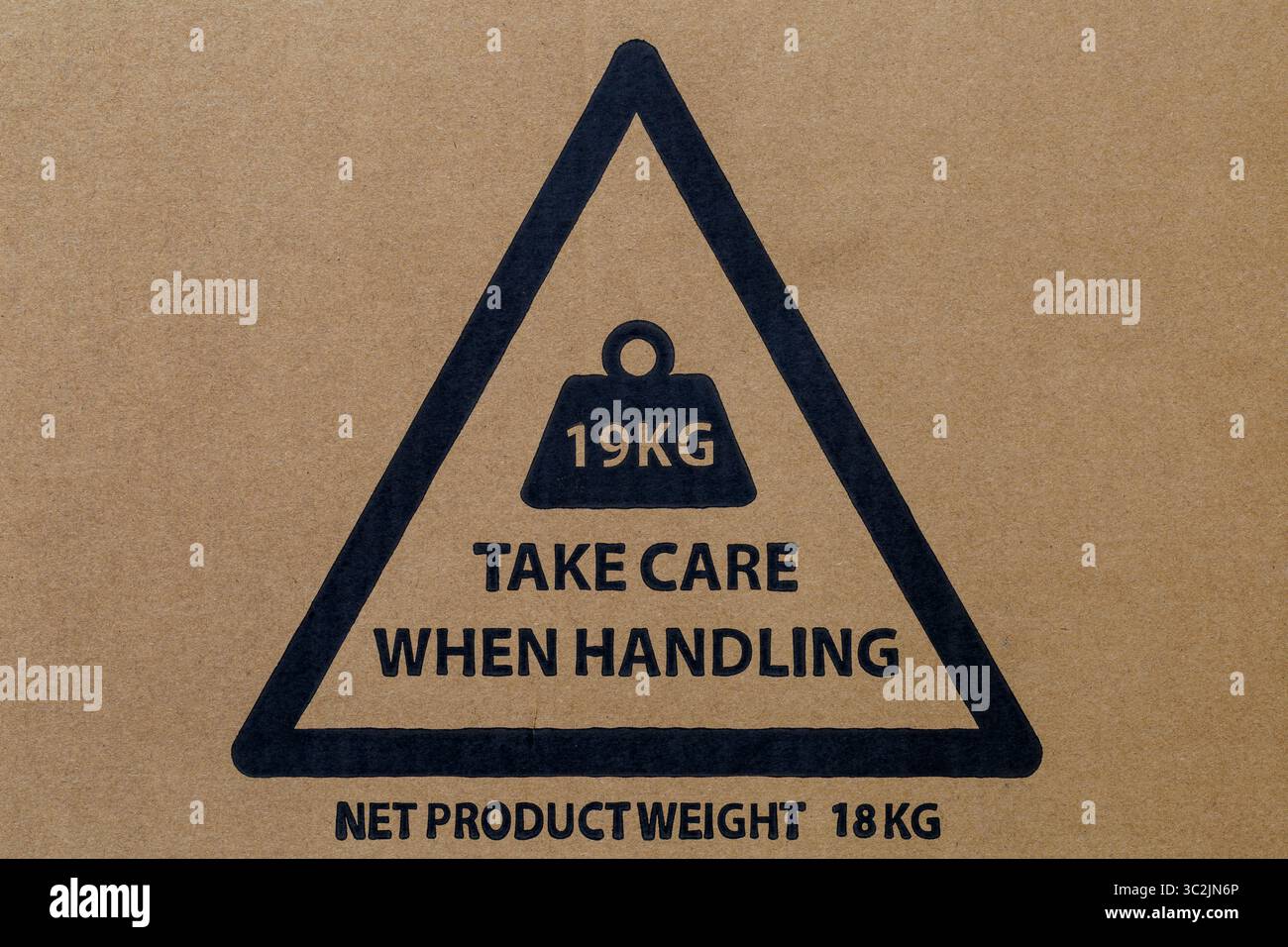 19kg take care when handling symbol - detail on cardboard packaging box ...