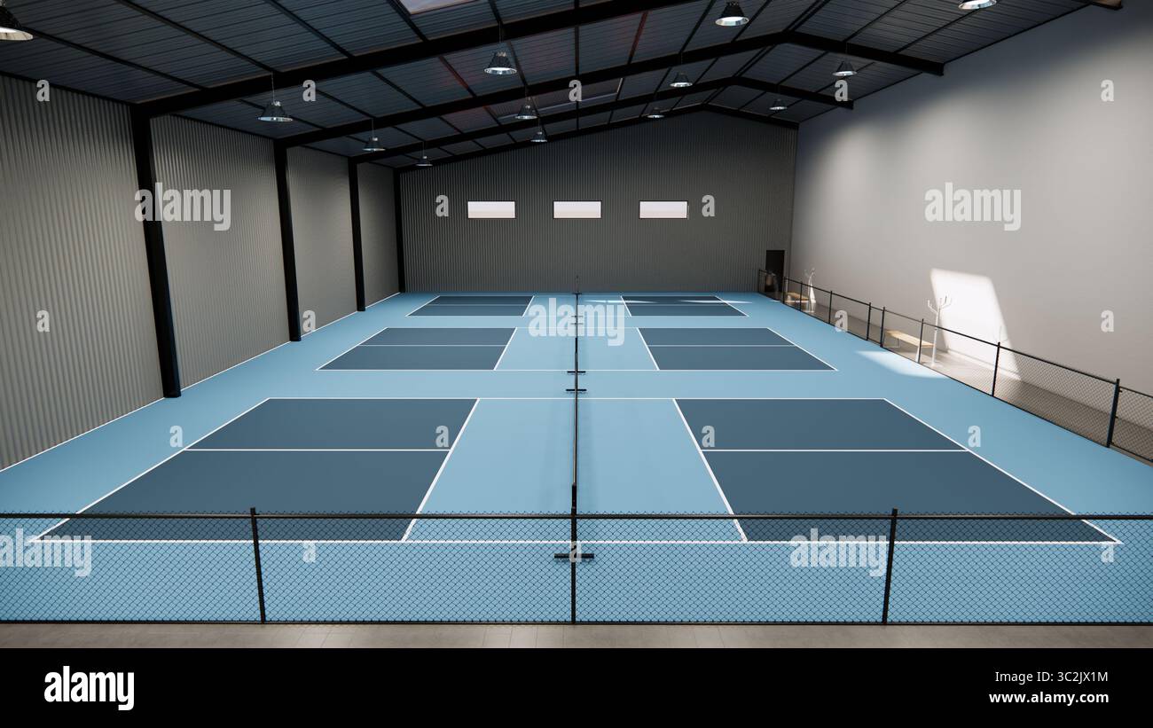 Indoor Blue Pickleball Court Facility in Warehouse Style Building Stock ...