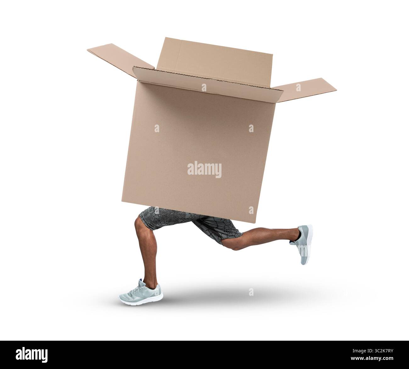 Cardboard box with sportsman's legs running on white background. Parcel ...