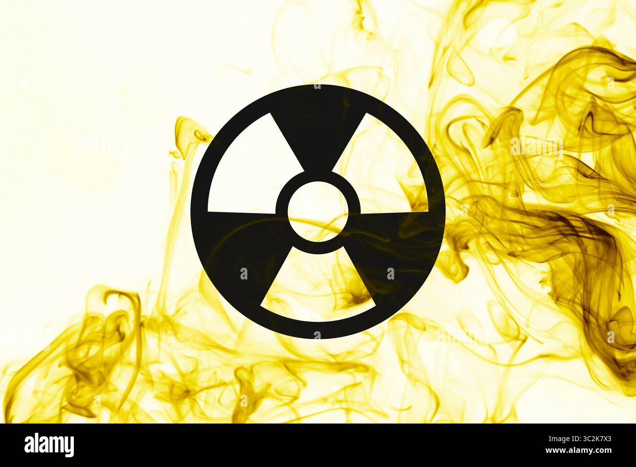 Radioactive sign and yellow toxic smoke against white background Stock ...