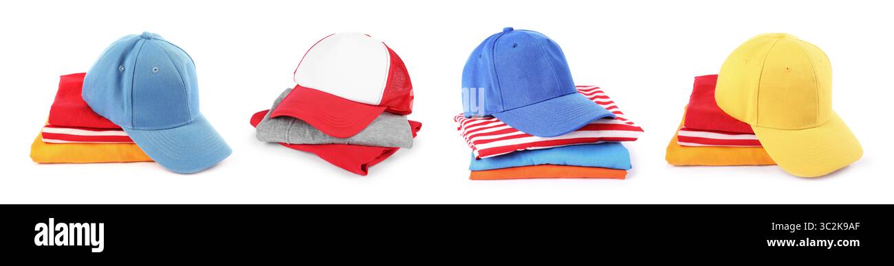 Baseball caps in different colors and stacked clothes isolated on white ...