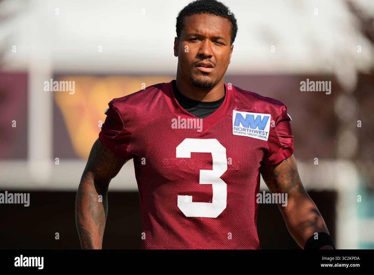 Washington Commanders safety Will Harris (3) arrives for practice at ...