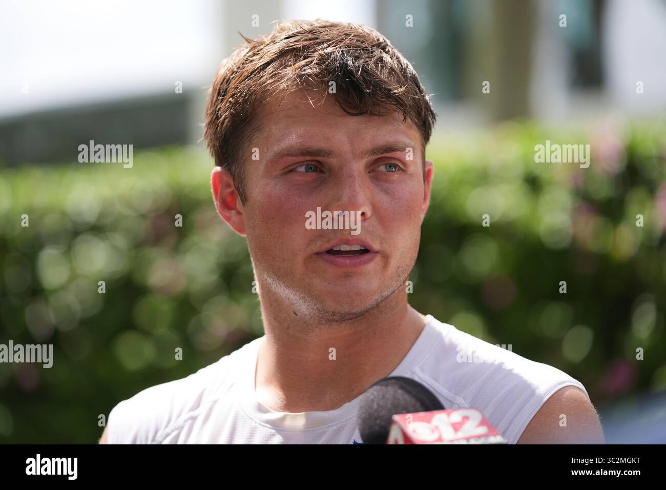 Miami Dolphins quarterback Zach Wilson talks with the new media at the ...