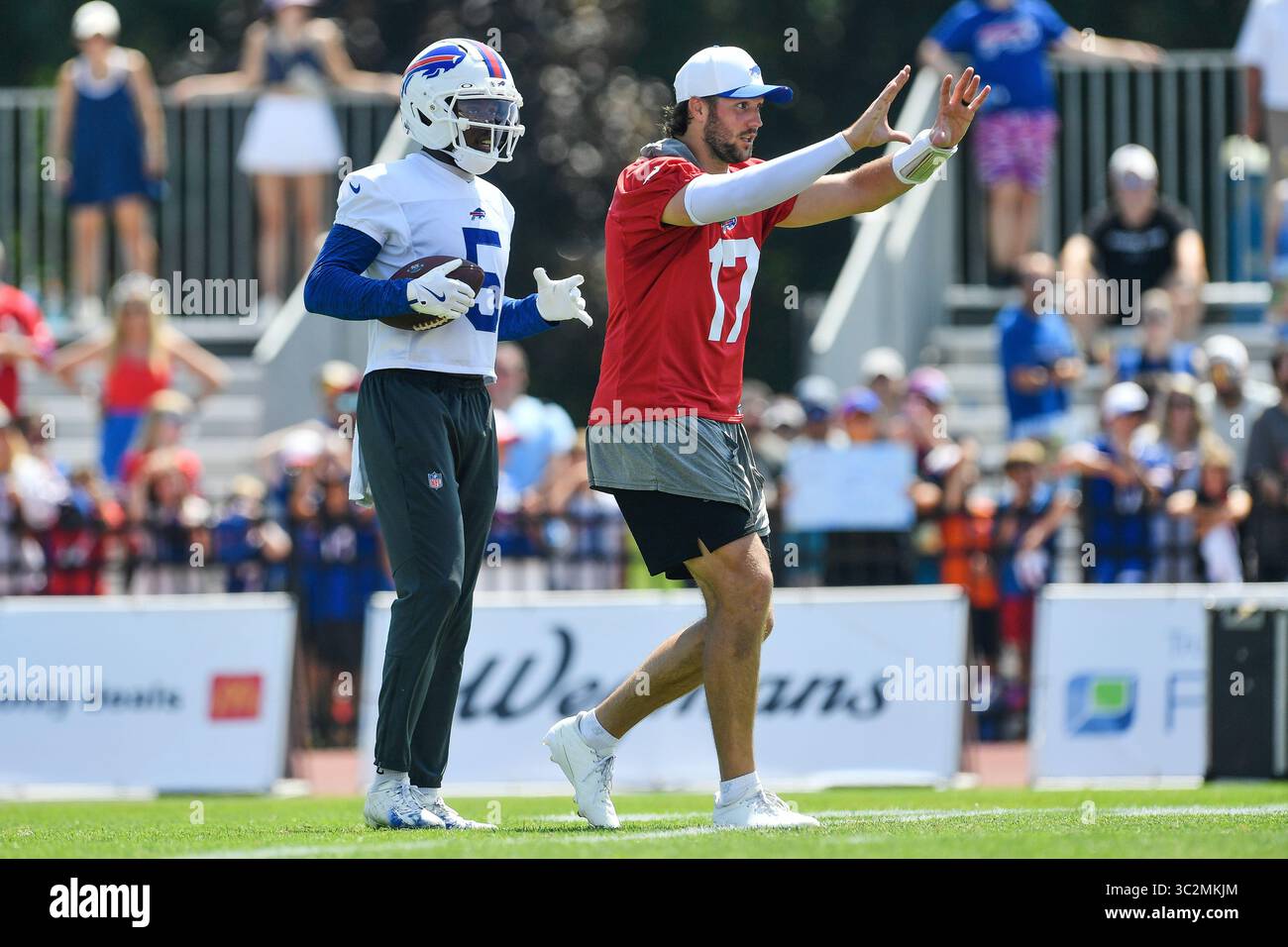 Buffalo Bills quarterback Josh Allen (17) talks with wide receiver ...