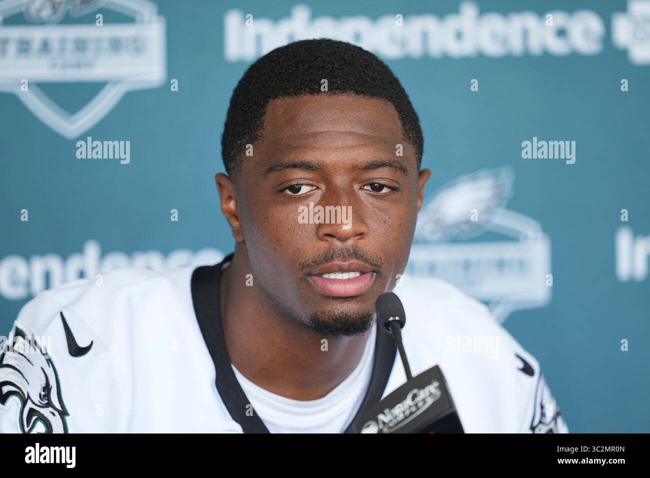 Philadelphia Eagles cornerback Quinyon Mitchell speaks during a news conference at the team’s ...