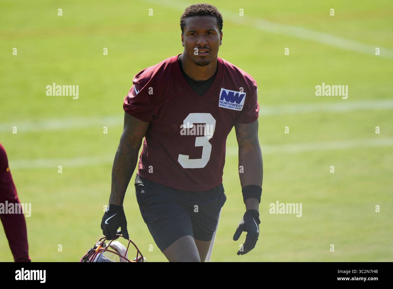Washington Commanders safety Will Harris (3) leaves following practice ...