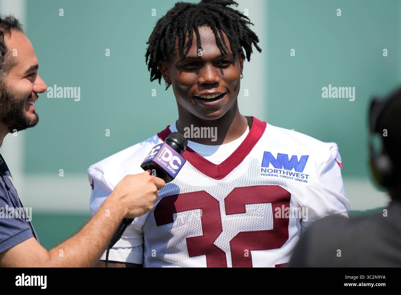 Washington Commanders running back Jacory Croskey-Merritt (32) speaks ...