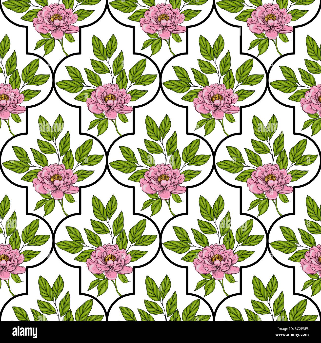 A vector seamless floral pattern featuring pink flowers and green ...