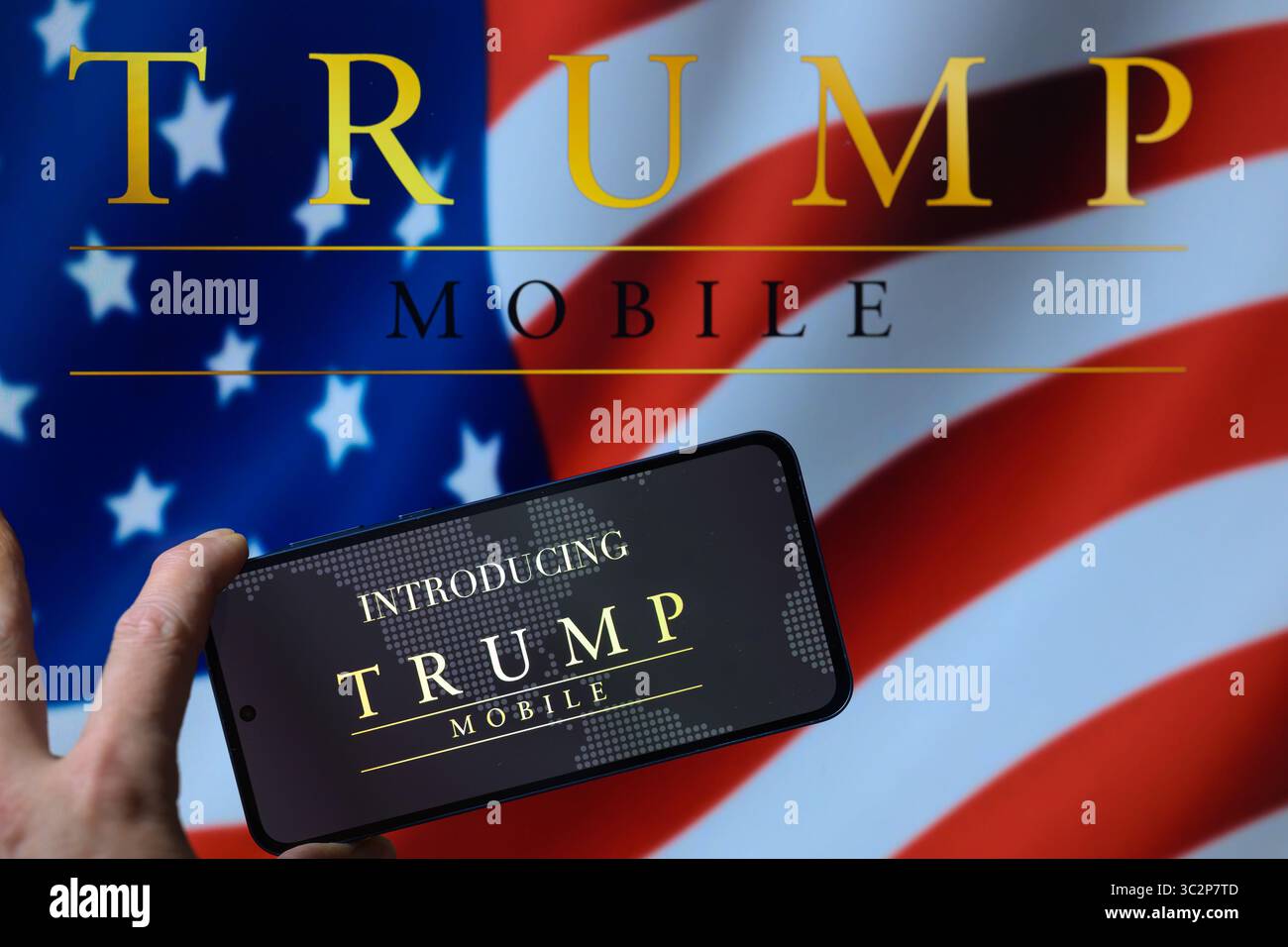 Trump Mobile introducing is being displayed on a mobile phone, seen in ...
