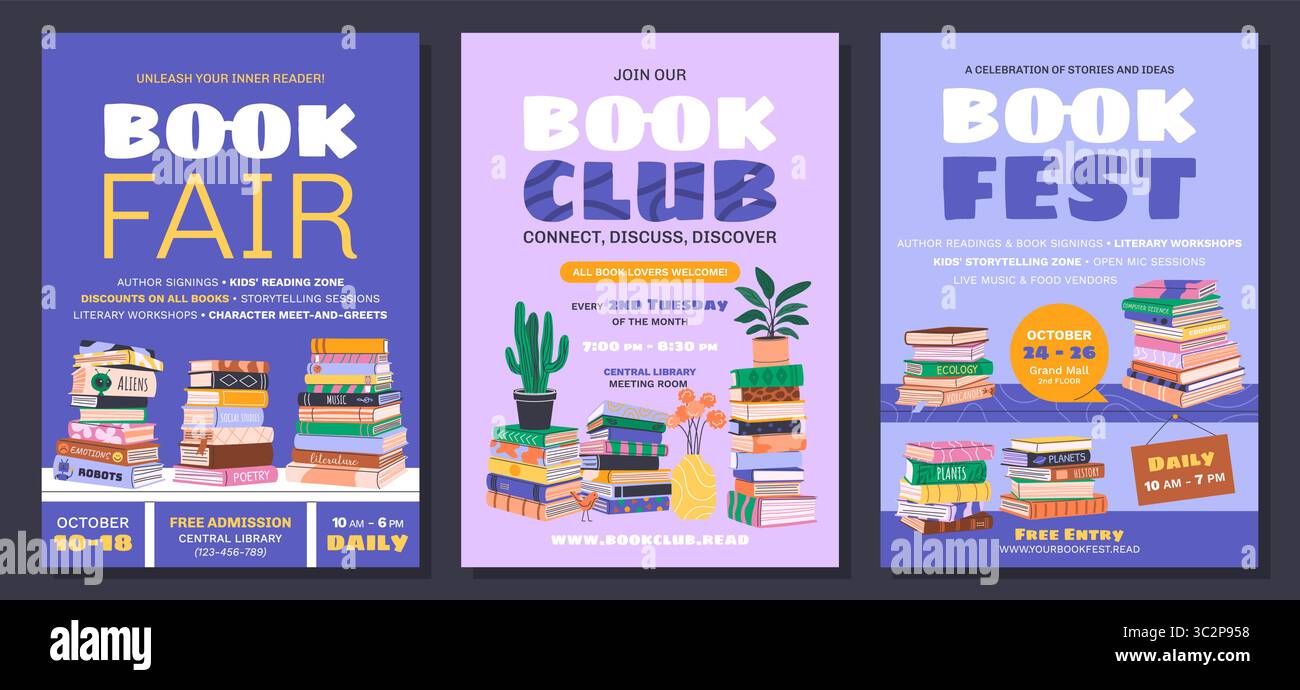 Set of Book Fair, Festival, Club Vertical Posters Stock Vector Image ...