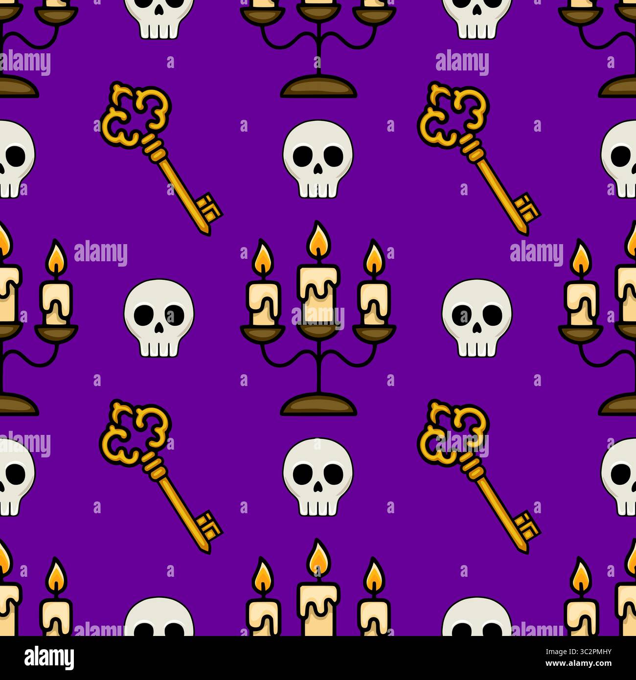 Seamless vector pattern featuring ornate keys, skulls, and three-candle ...