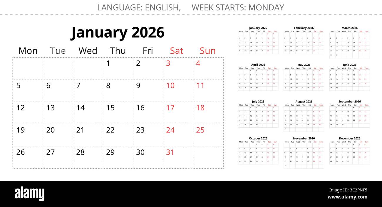 2026 calendar planner. A vector collection of English monthly page calendars. Design with Monday ...