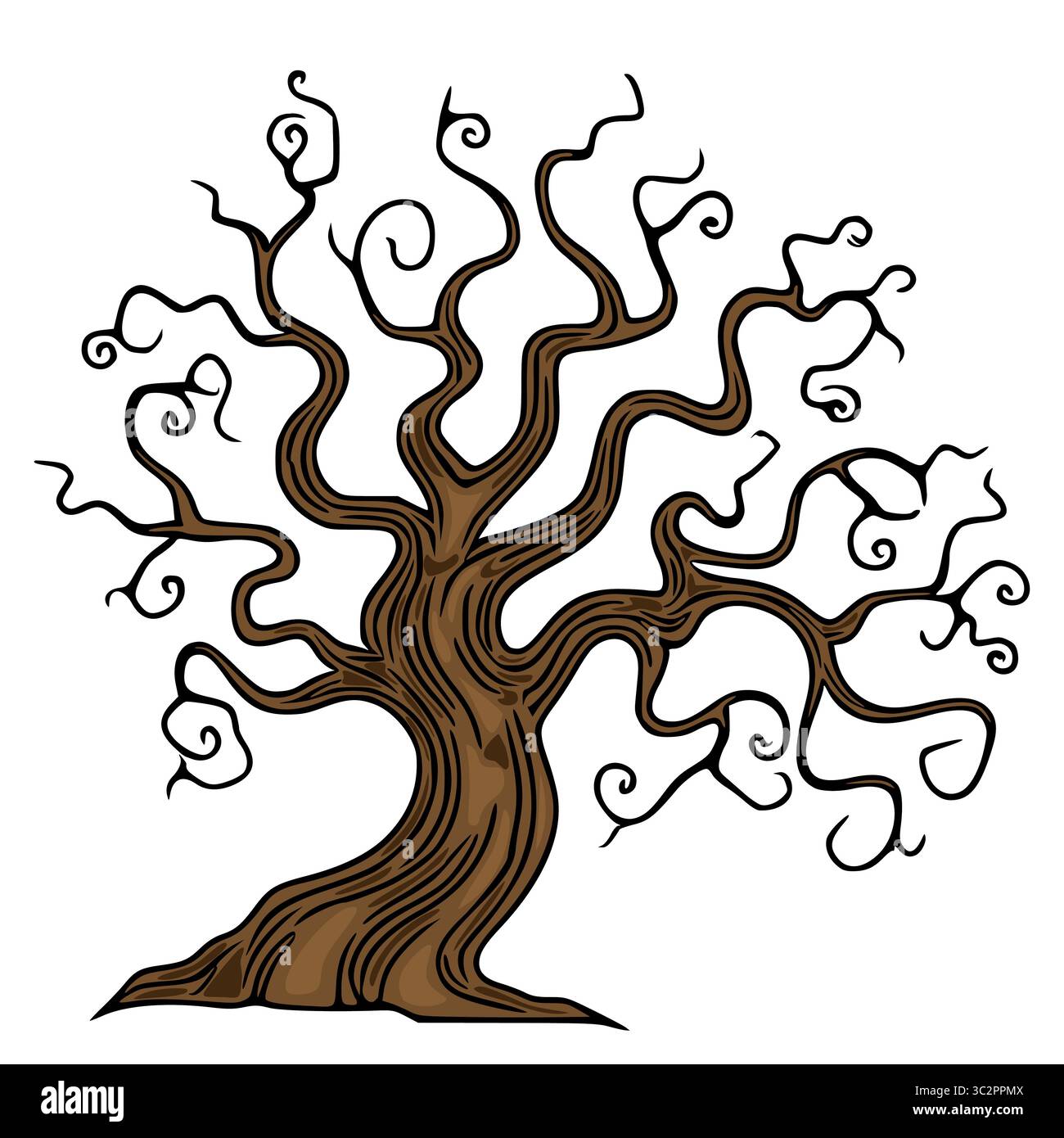 Intricate Vector Illustration of a Twisted Brown Tree with Curly ...
