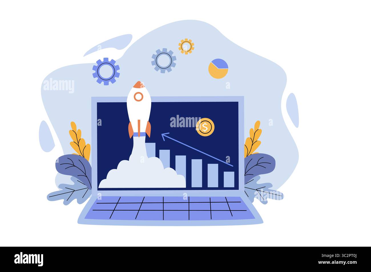 Startup launch and acceleration concept design - graph with laptop ...