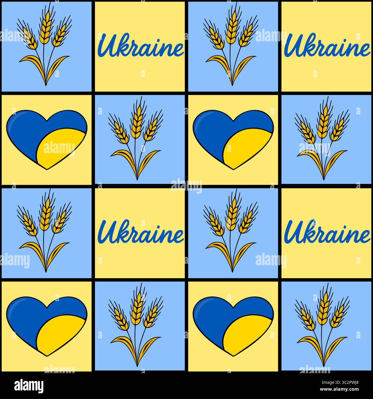Seamless vector pattern featuring Ukrainian flag hearts, wheat stalks ...