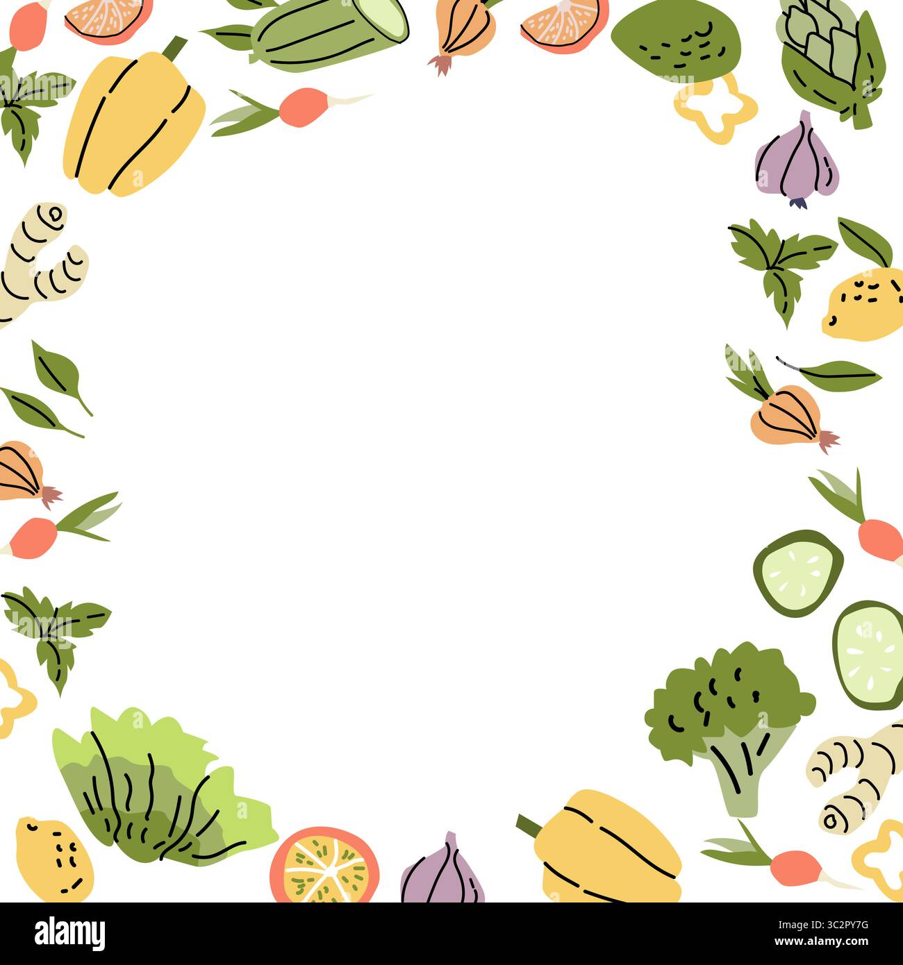 Colorful vegetable food border with artichokes, squash, and broccoli on ...