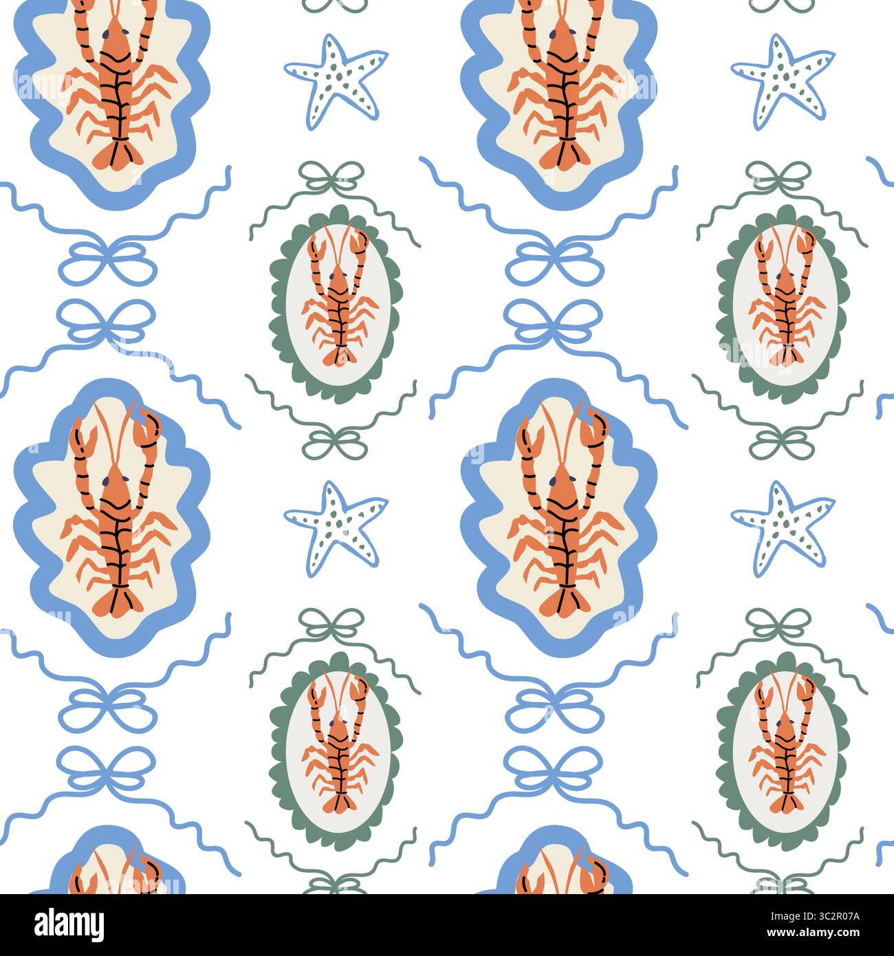 Seafood pattern with lobsters and starfish in nautical colors Stock ...