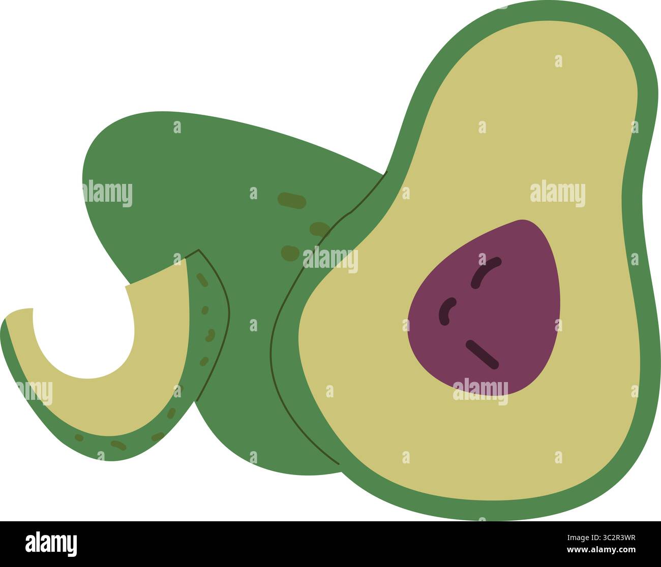 Cartoon avocado: whole, halved, and sliced illustrated in green and ...
