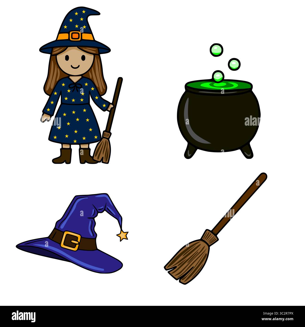 Charming Halloween vector illustration featuring a cute witch, cauldron ...