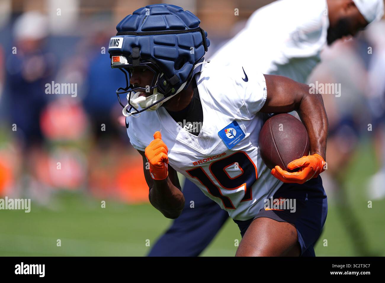 Denver Broncos wide receiver Marvin Mims Jr. takes part in drills during practice at the team’s ...