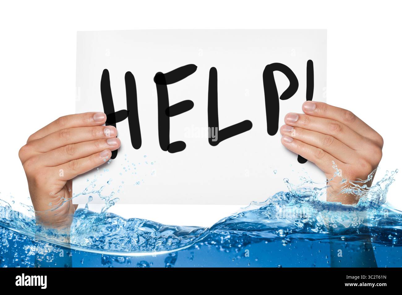 Paper with word Help in man's hands sticking out of water against white ...