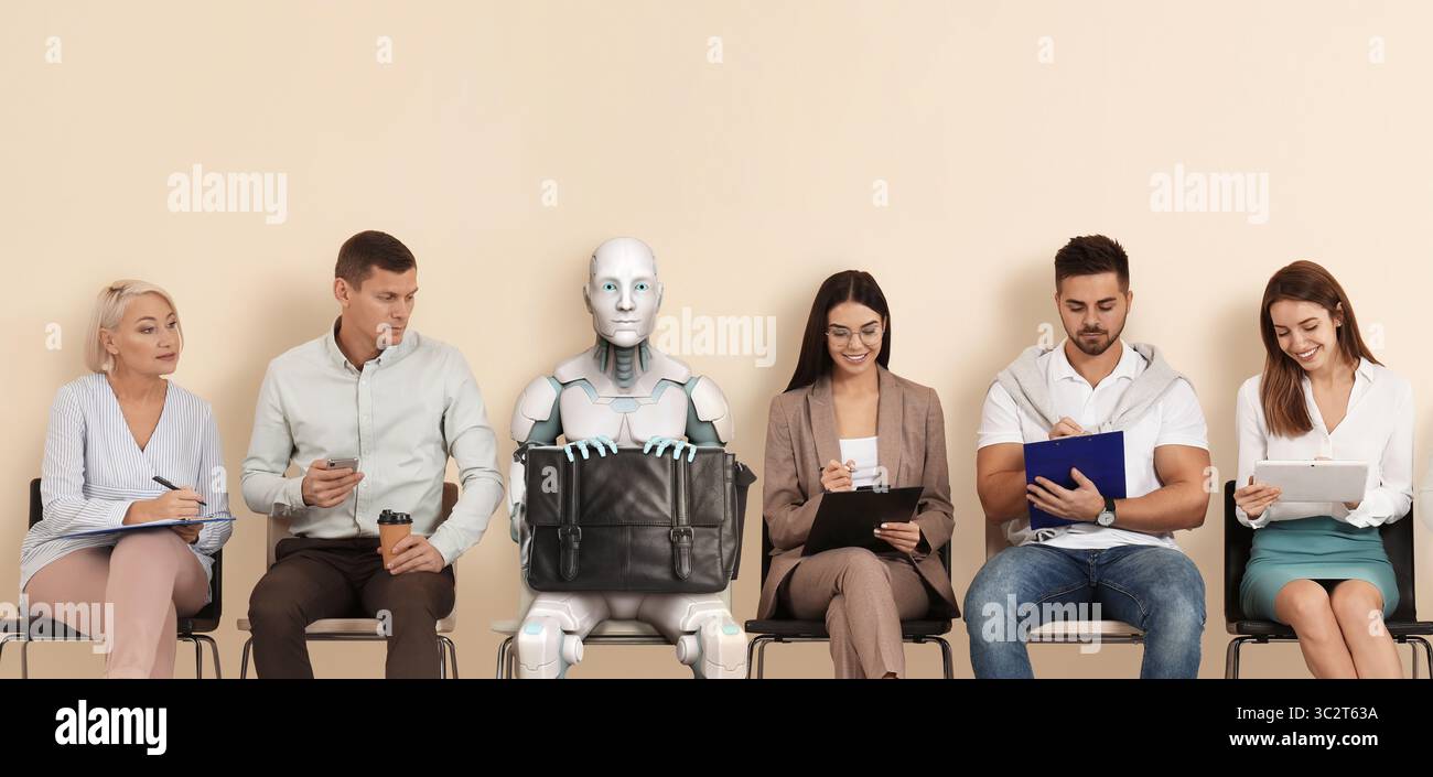 Robot and people waiting for job interview. Replacing human workers ...