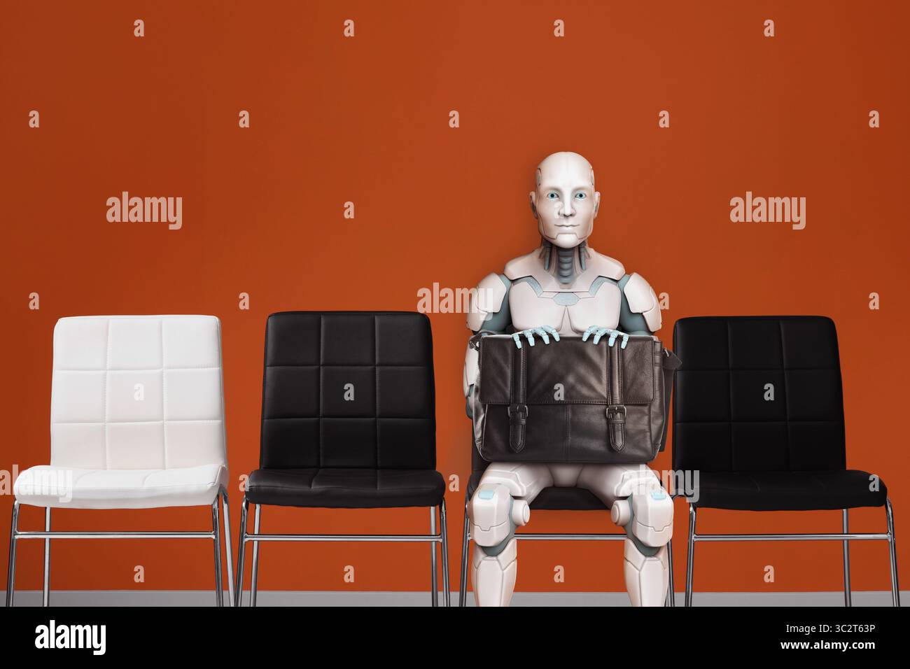 Robot with bag sitting on chair and waiting for job interview ...