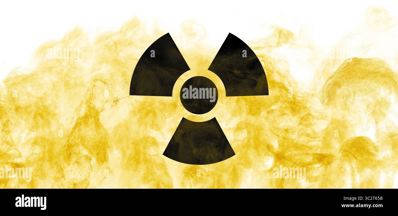 Radioactive sign and yellow toxic smoke against white background ...