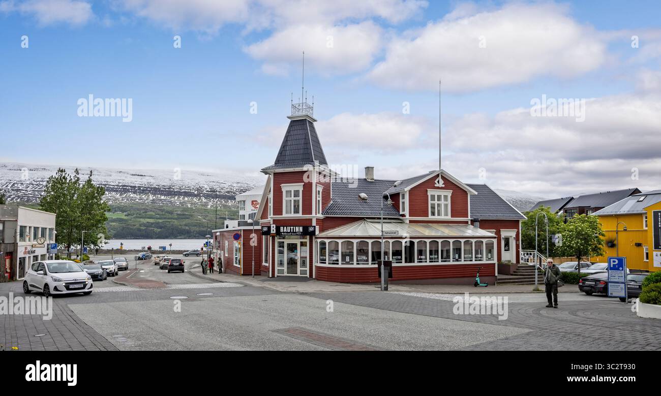 The Bautinn red wooden restaurant on the waterfront on Hafnar, Street ...