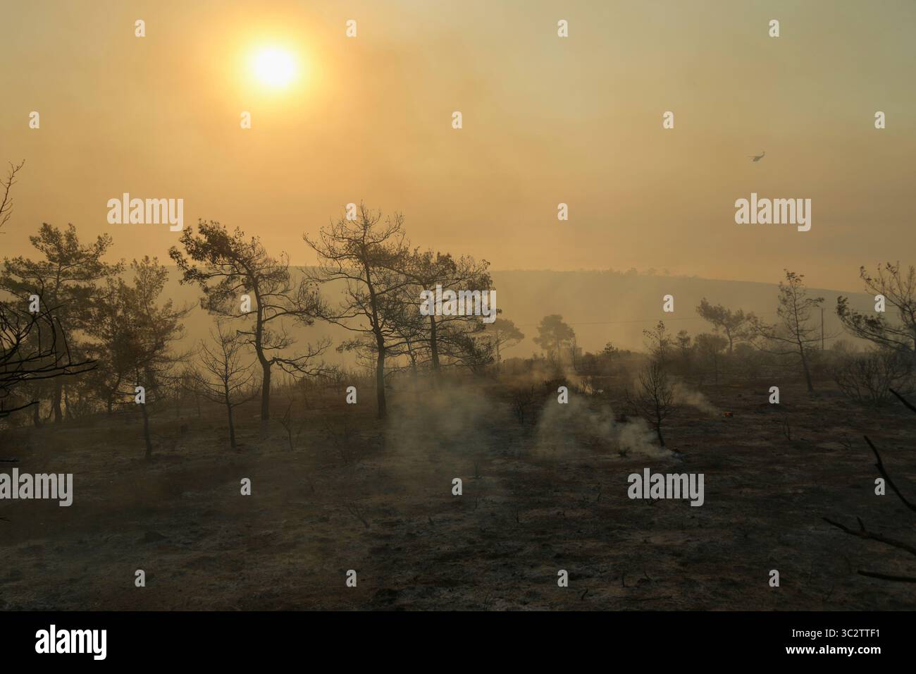 A British helicopter, right, flies over the burning area at Souni ...