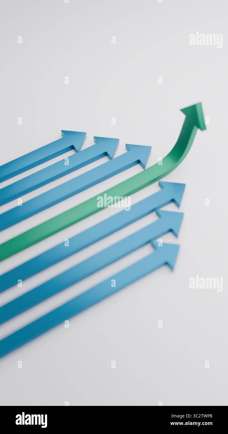 3D render of a standout green arrow curving upward and ahead through a ...