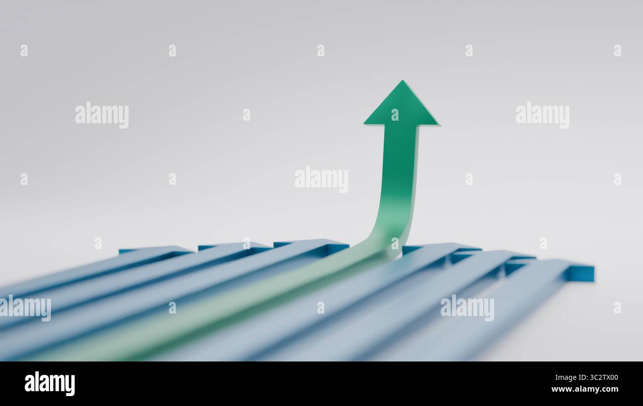 3D render of a standout green arrow curving upward and ahead through a ...