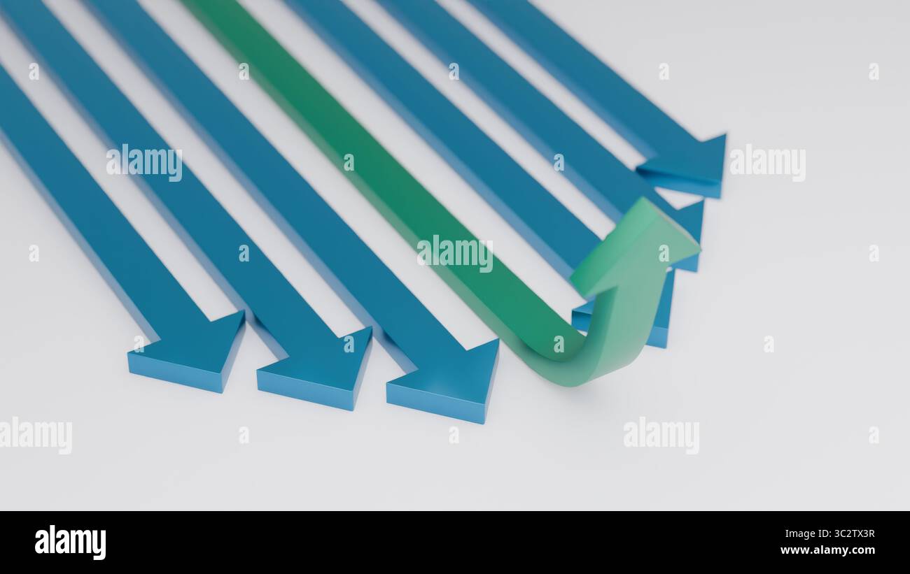 3D render of a standout green arrow curving upward and ahead through a ...