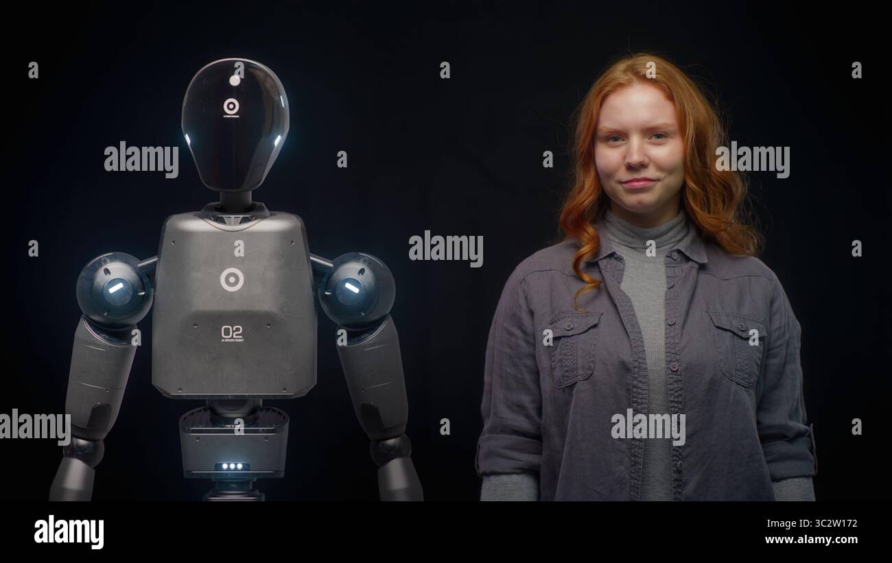 Visualization of Futuristic People and Robots Concept: VFX Animation of High-Tech Humanoid Robot ...