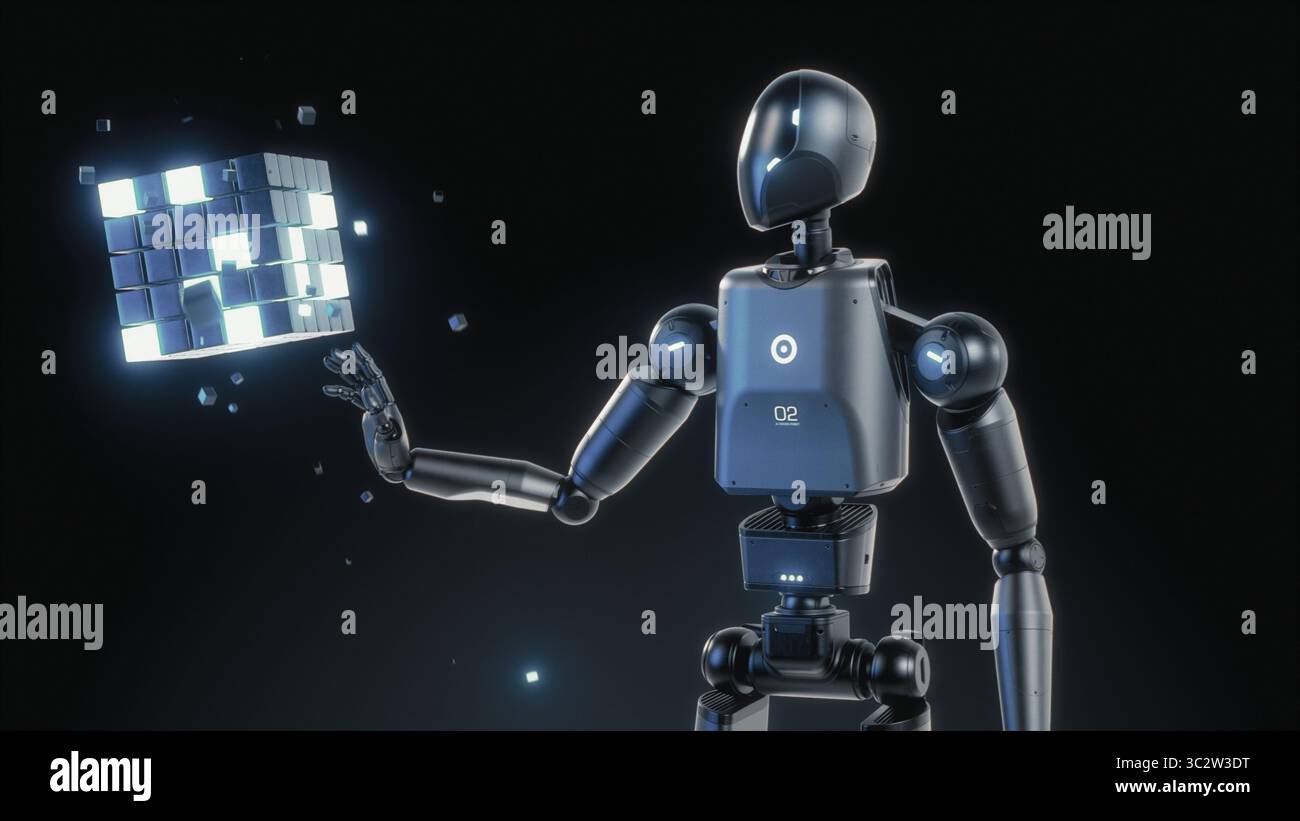 Visualization of High-Tech Humanoid Robot Interacting with Levitating Hologram of Digital Cube ...