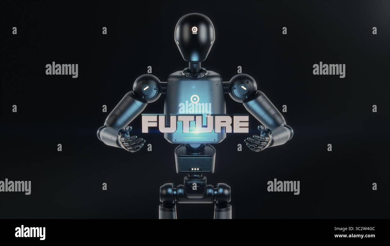 Visualization of Advanced Humanoid Robot Showing Floating Future Inscription in High-Tech ...