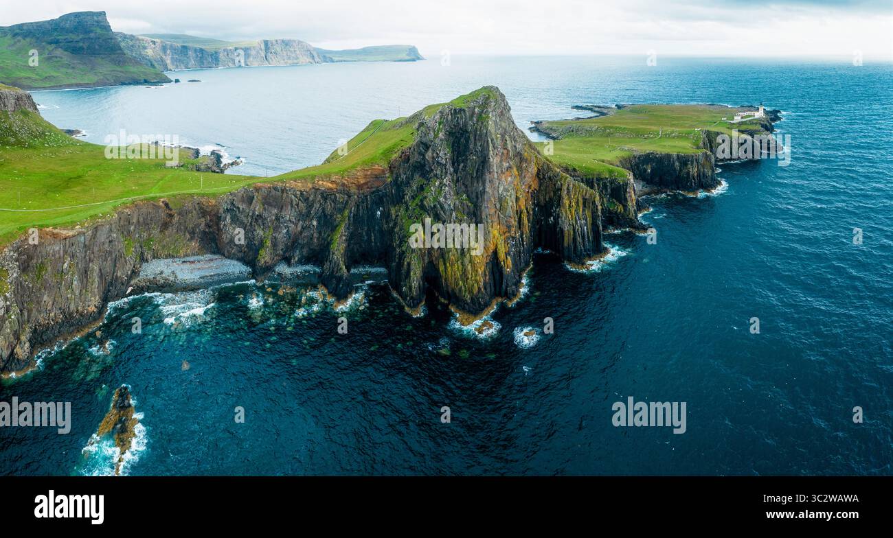 Aerial view of Neist Point, a promontory on the Isle of Skye, Scotland ...