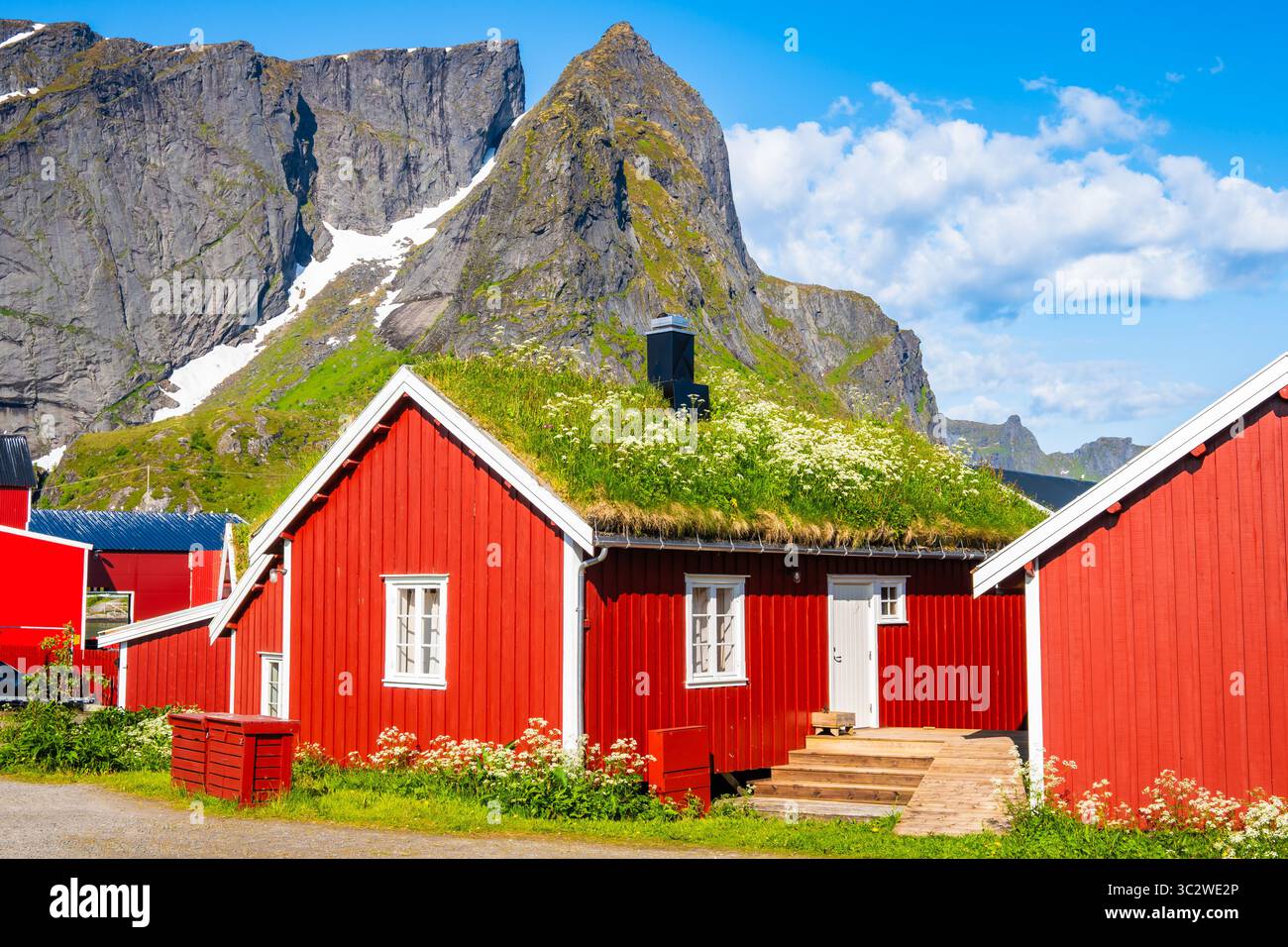 Red traditional type houses used by fishermen's in Reine village on ...