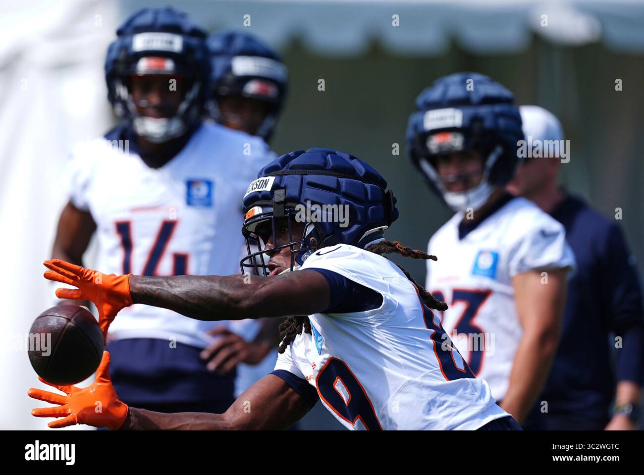 Denver Broncos wide receiver Courtney Jackson takes part in drills during an NFL football ...