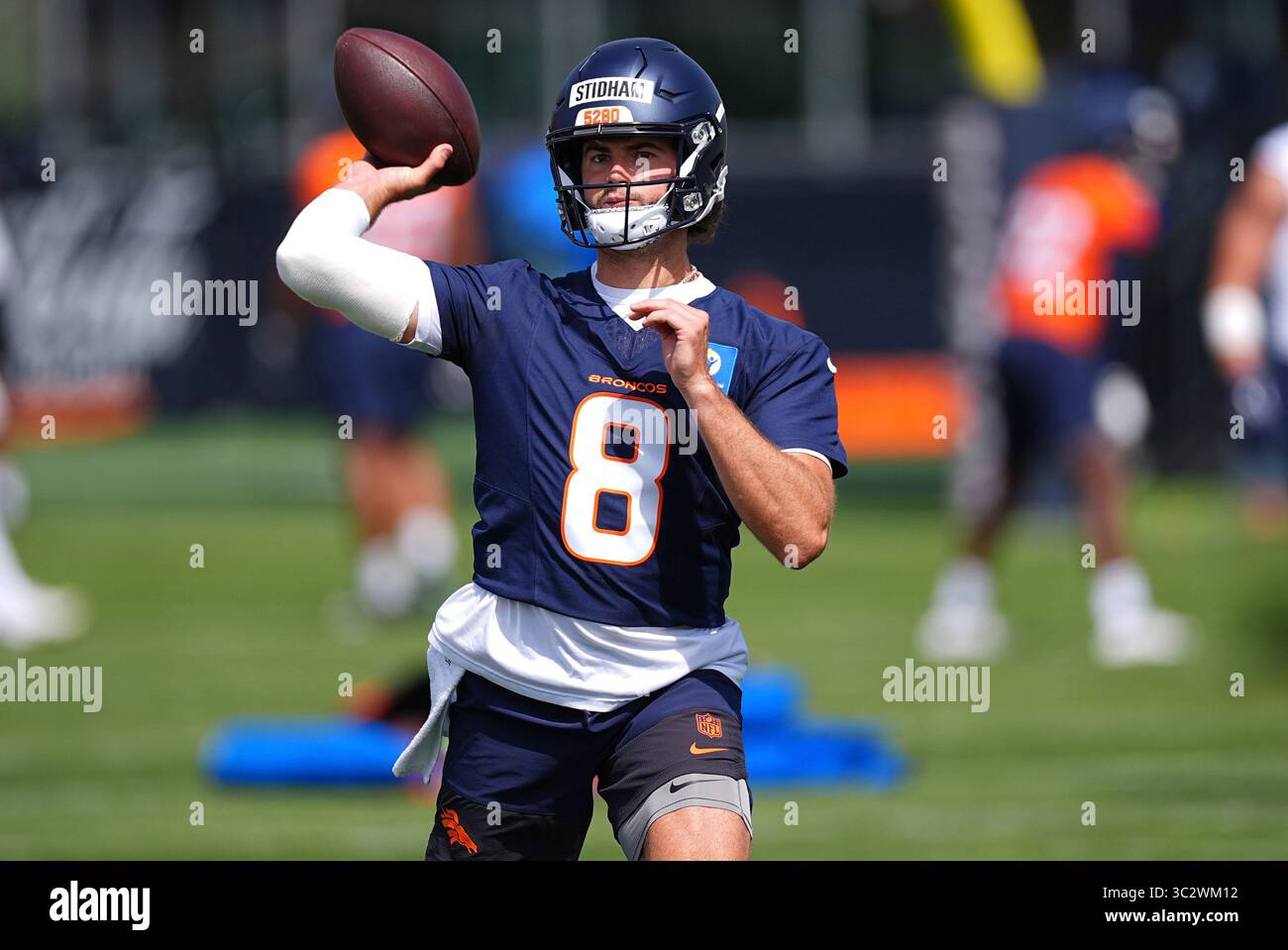 Denver Broncos quarterback Jarrett Stidham throws during practice at ...
