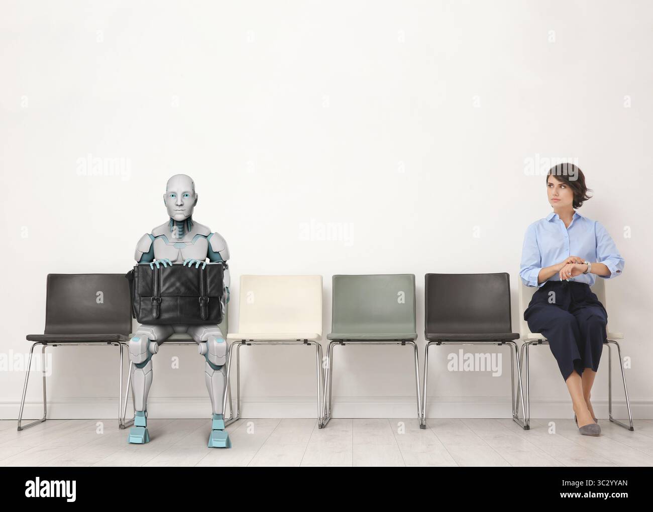 Young woman and robot waiting for job interview. Replacing human ...