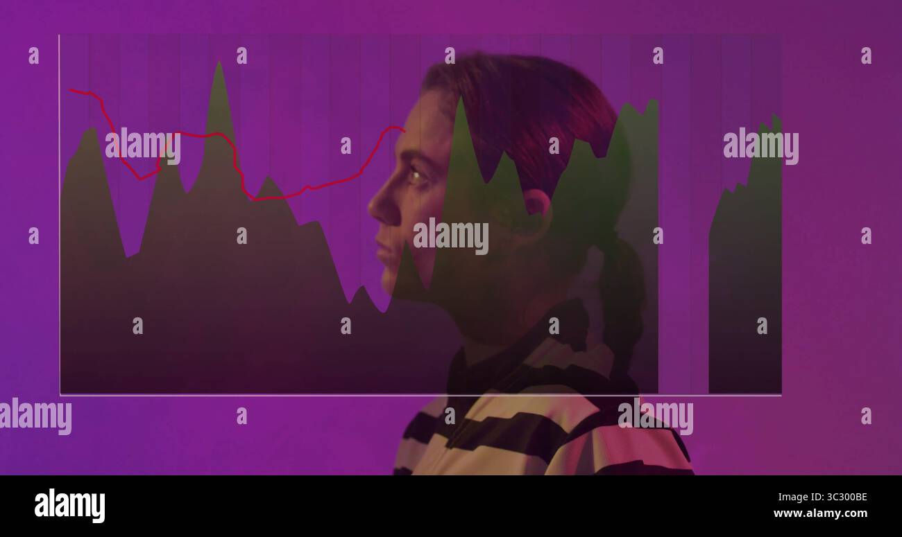 Standing female wearing striped top under purple studio lighting showing data visualization ...