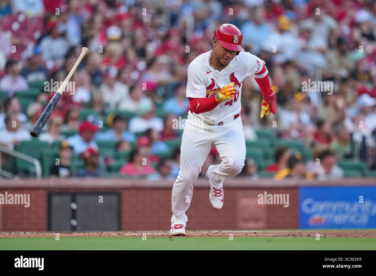 St. Louis Cardinals' Willson Contreras drops his bat after hitting an ...